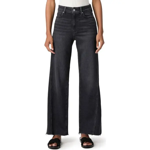 Paige Vanessa High Waist Wide Leg Jeans With Raw Hems - Ink Black