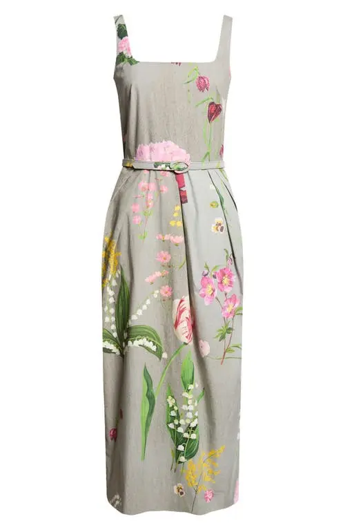 Oscar De La Renta Mixed Botanical Pleated Cotton Stretch Poplin Midi Dress - Grey Multi