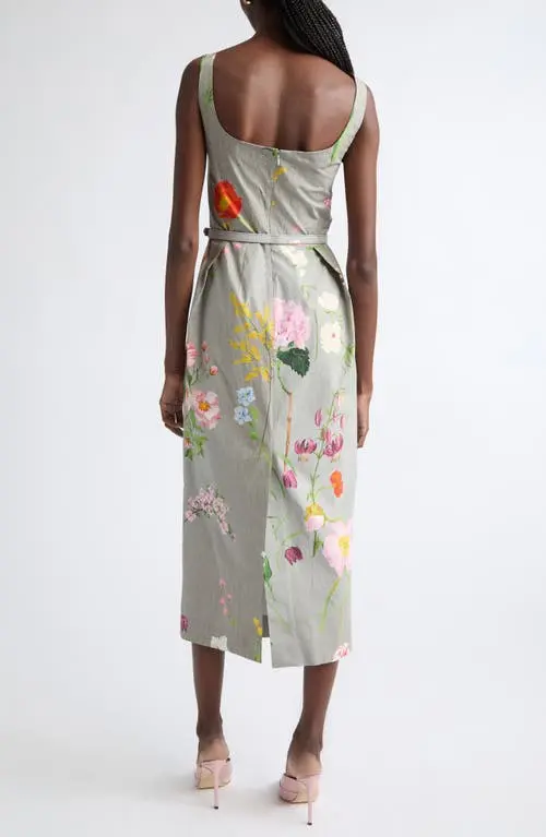Oscar De La Renta Mixed Botanical Pleated Cotton Stretch Poplin Midi Dress