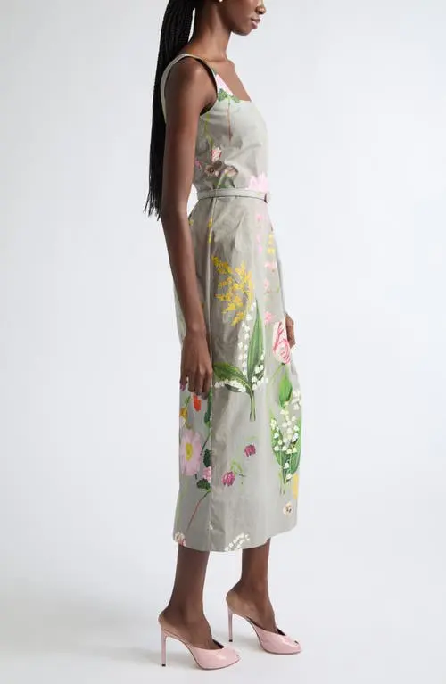 Oscar De La Renta Mixed Botanical Pleated Cotton Stretch Poplin Midi Dress