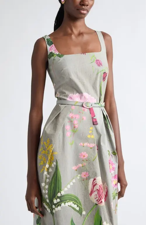 Oscar De La Renta Mixed Botanical Pleated Cotton Stretch Poplin Midi Dress
