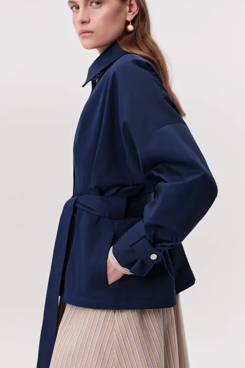 EXQUISE Notched Collar Pleated Belted Trench Coat
