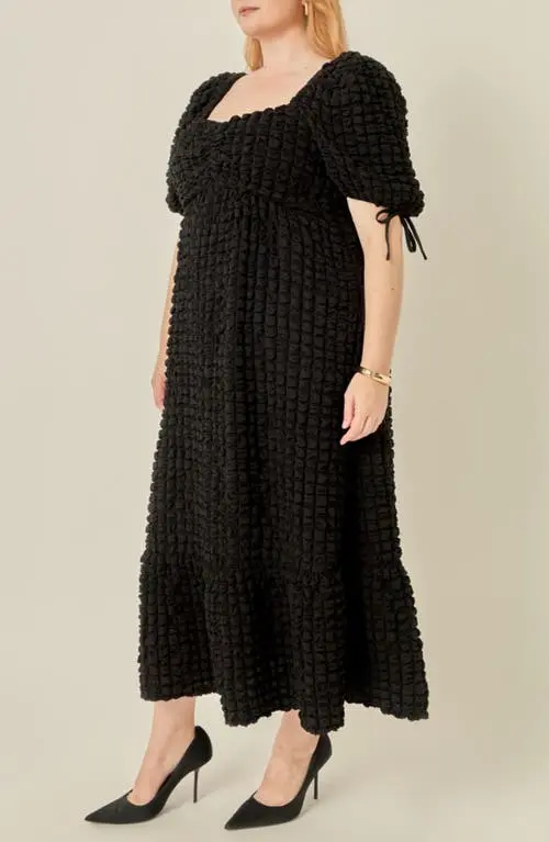 Endless Rose Textured Puff Sleeve Sweetheart Neck Midi Dress - Black