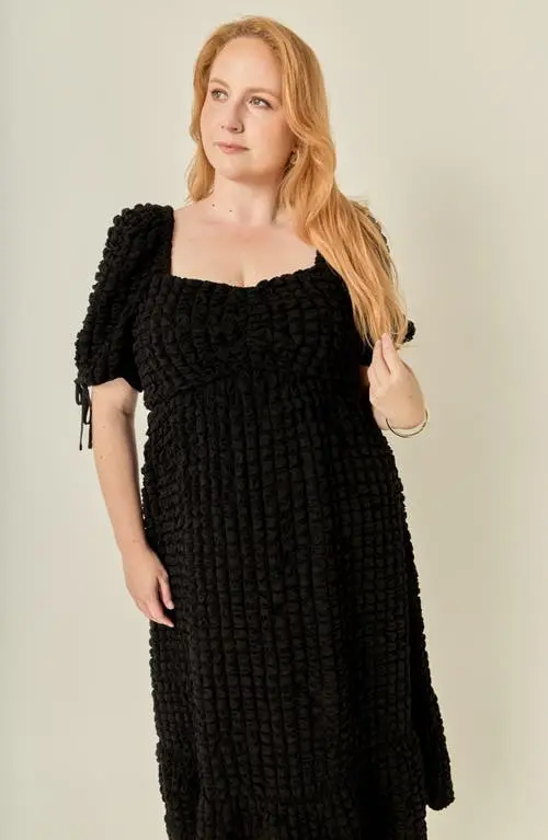 Endless Rose Textured Puff Sleeve Sweetheart Neck Midi Dress - Black