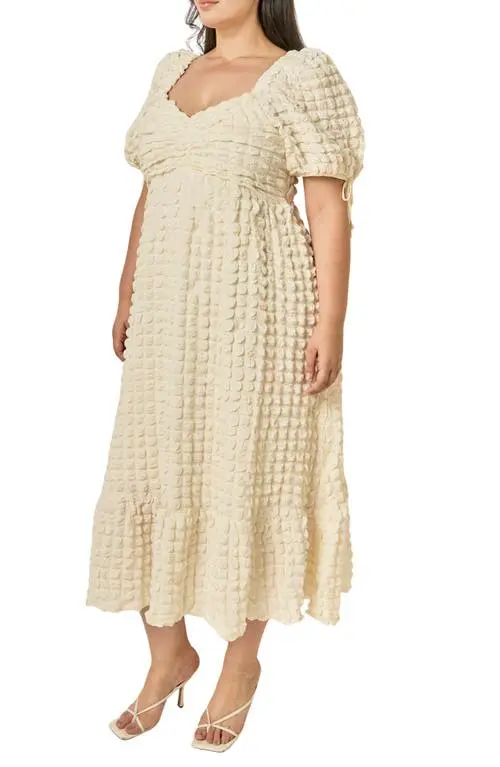 Endless Rose Textured Puff Sleeve Sweetheart Neck Midi Dress