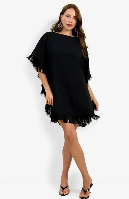 Trina Turk Mini Neena Fringe Kaftan Dress - Black