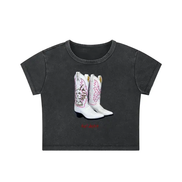 ACID CAT White Cowboy Boot Vibe Etcetera Crop T Shirt - Black