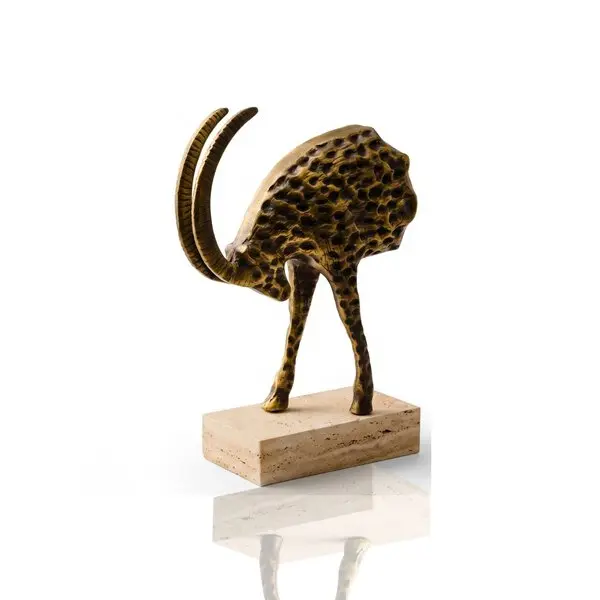 MARLETH Abstract Brass Ibex Sculpture On Travertine Base