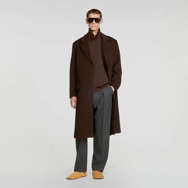 Sandro Long Wool And Cashmere Coat - Chocolate