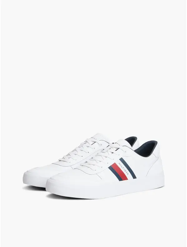 Tommy Hilfiger Signature Stripe Coated Leather Low Top Sneakers - White