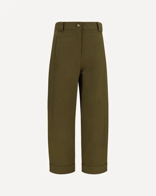 Max Mara Adorni Cropped Pants With Contrasting Stitching And Cuffed Hem - Green