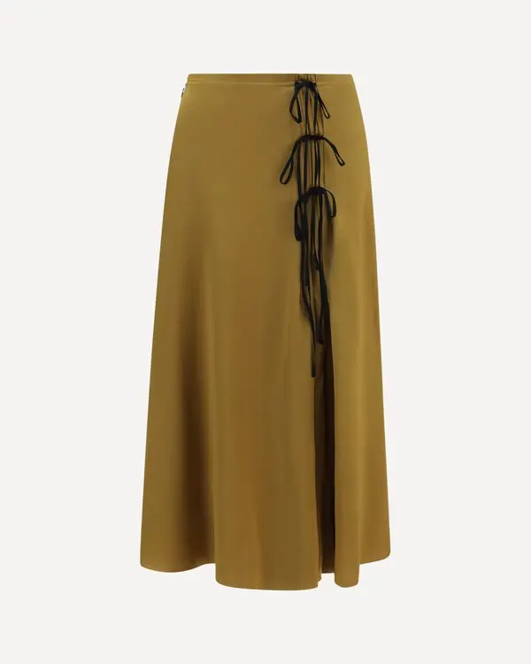 GANNI Satin Midi Skirt With Tie Detail - Khaki