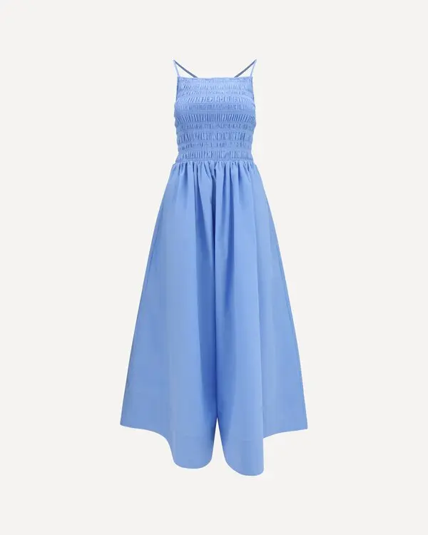 GANNI Poplin Maxi Dress With Ruched Bodice And Tie Detail - Light Blue