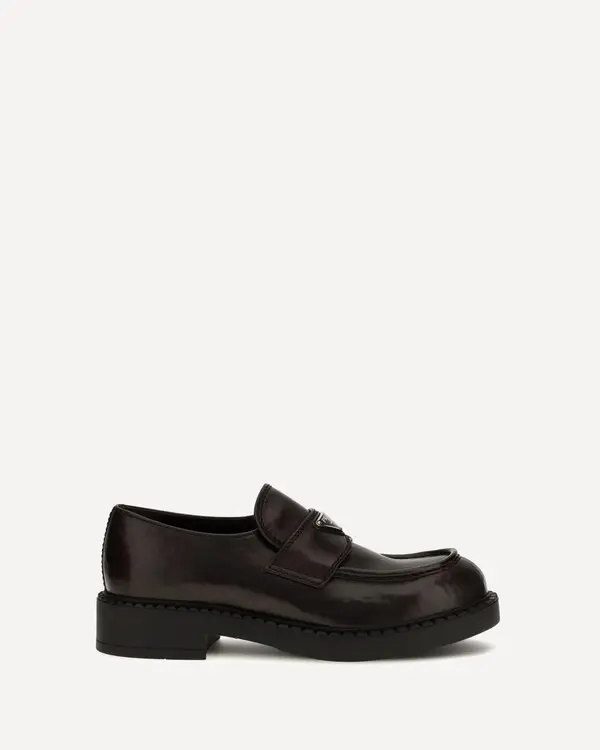Prada Brushed Leather Loafers With Triangle Logo - Brown