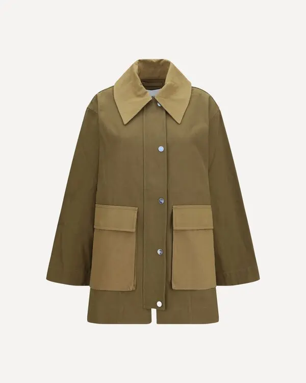 GANNI Oversized Cotton Utility Jacket With Patch Pockets And Elbow Patches - Green