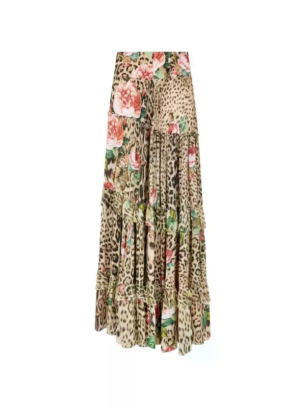 Roberto Cavalli Leopard-print Floral Motif Tiered Maxi Skirt