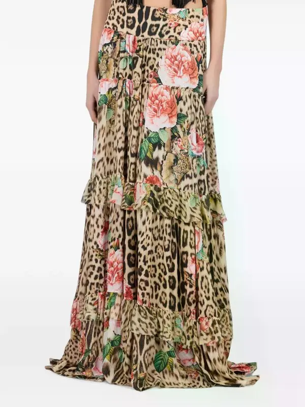 Roberto Cavalli Leopard-print Floral Motif Tiered Maxi Skirt