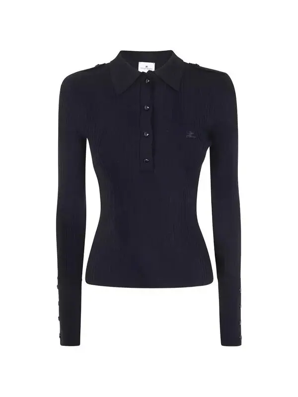 COURREGES Ribbed Knit Logo Detail Polo Shirt - Black
