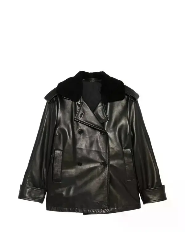 SALVATORE SANTORO Shearling Collar Double-breasted Leather Jacket - Black