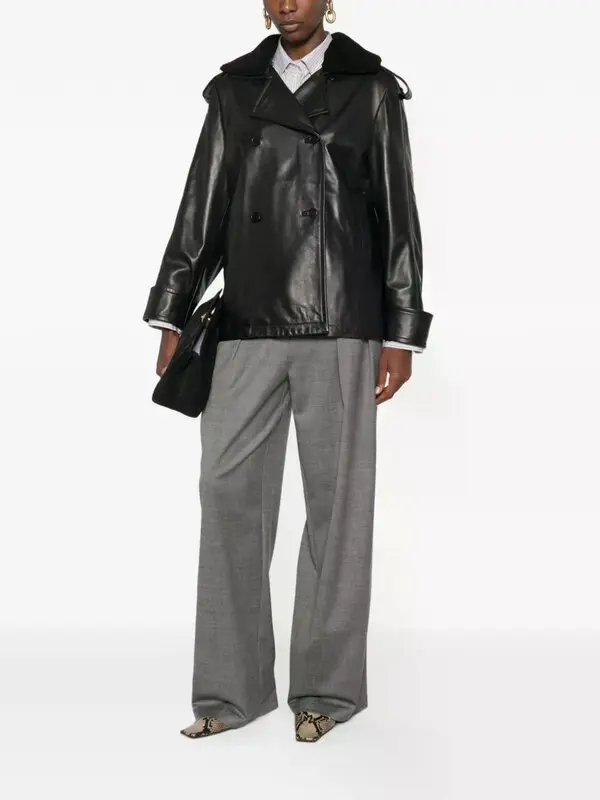 SALVATORE SANTORO Shearling Collar Double-breasted Leather Jacket
