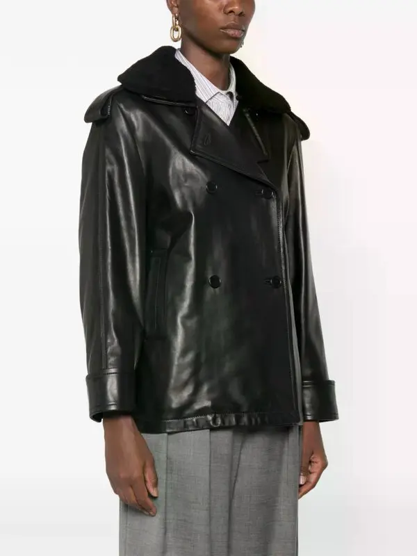 SALVATORE SANTORO Shearling Collar Double-breasted Leather Jacket