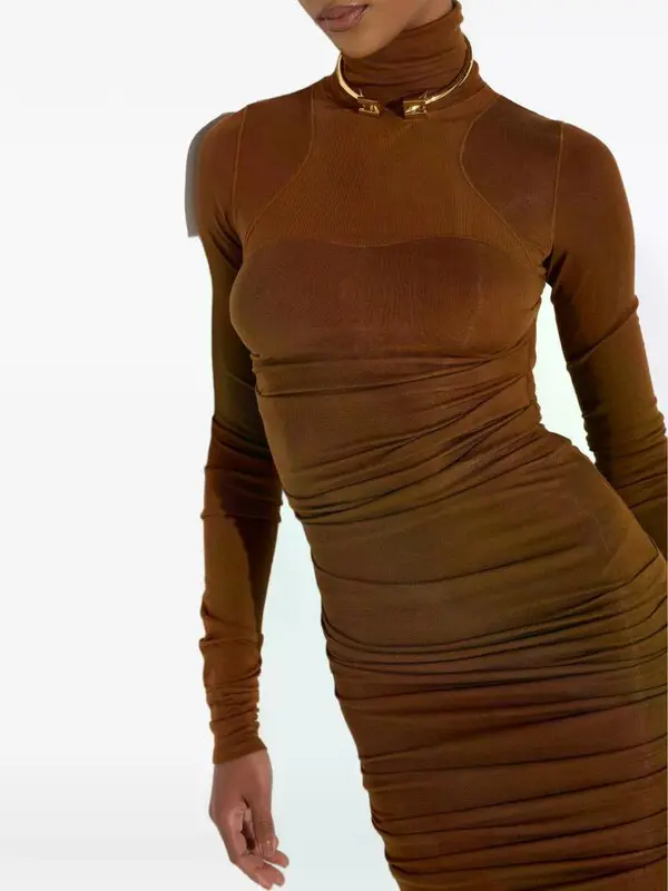 Elisabetta Franchi Long Sleeve Midi Dress With Ribbed Insert - Brown