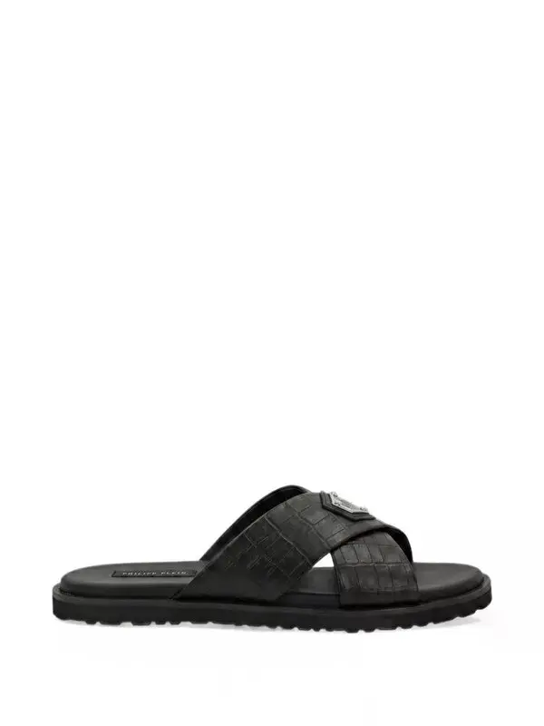 Philipp Plein Leather Criss-cross Slippers With Cocco Print - Black