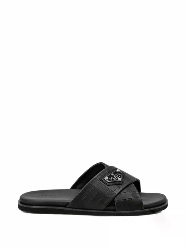 Philipp Plein Leather Criss-cross Slippers With Cocco Print - Black