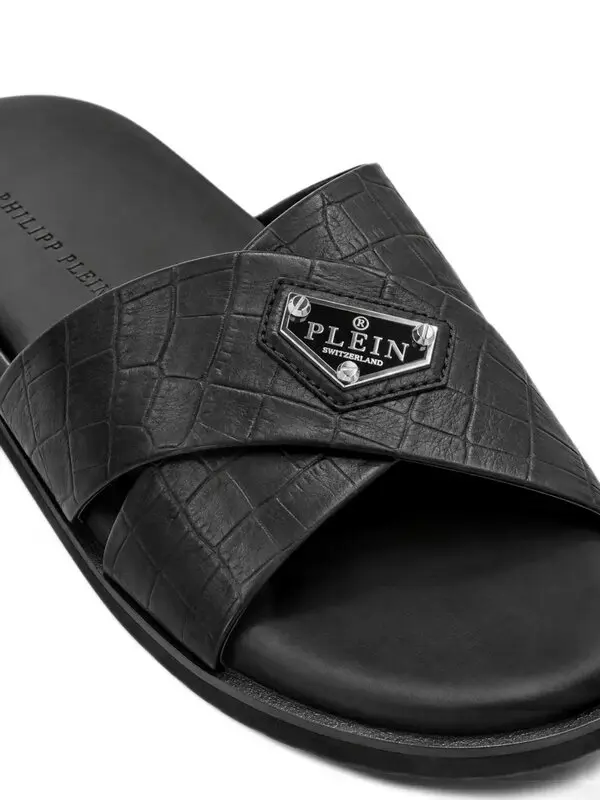 Philipp Plein Leather Criss-cross Slippers With Cocco Print