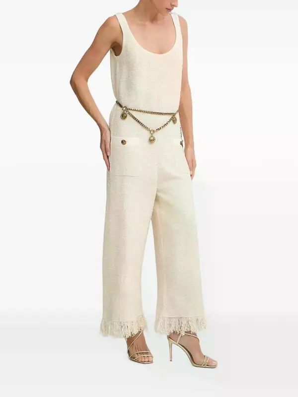 Elisabetta Franchi Jumpsuit With Fringe Trim And Chain Belt - Neutrals