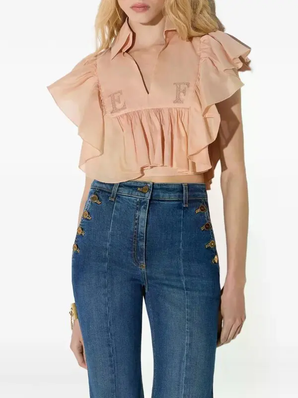 Elisabetta Franchi Cotton Voile Shirt With Flounce And Logo Embroidery
