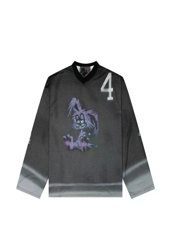 JUNGLES JUNGLES Graphic Print Mesh V-neck Long Sleeve T-shirt