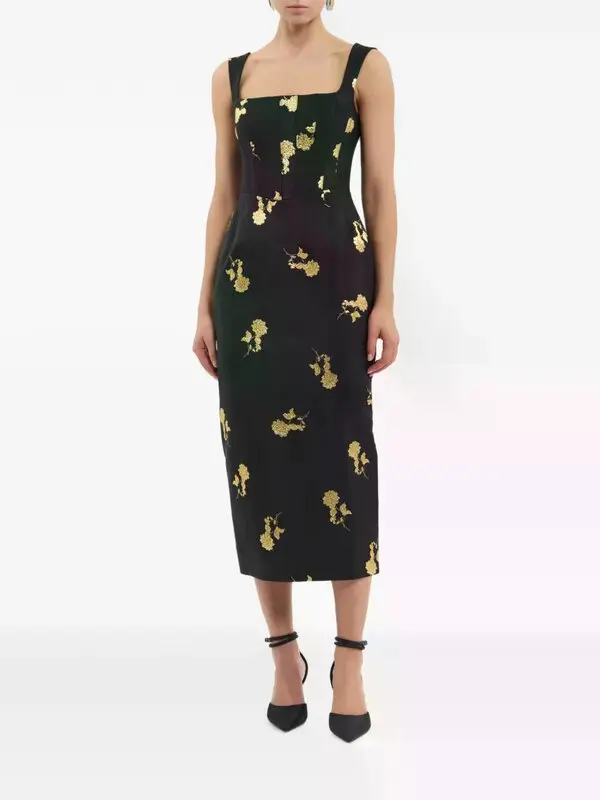 Rebecca Vallance Mariya Midi Dress In Metallic Gold Rose Jacquard