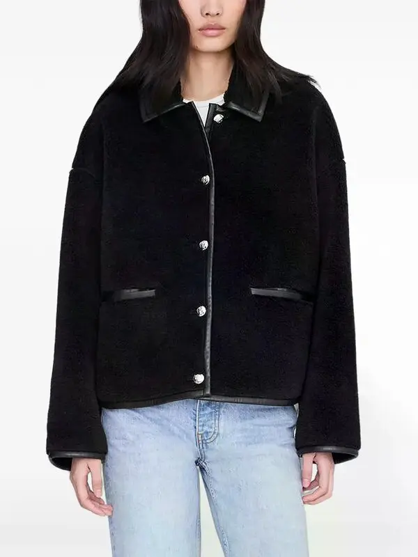 ANINE BING Camden Textured Wool-blend Jacket With Leather Trim - Black