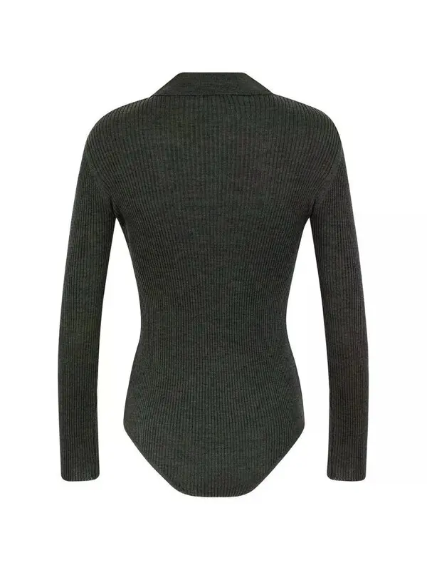 CAYET Ribbed Knit Bodysuit With Spread Collar