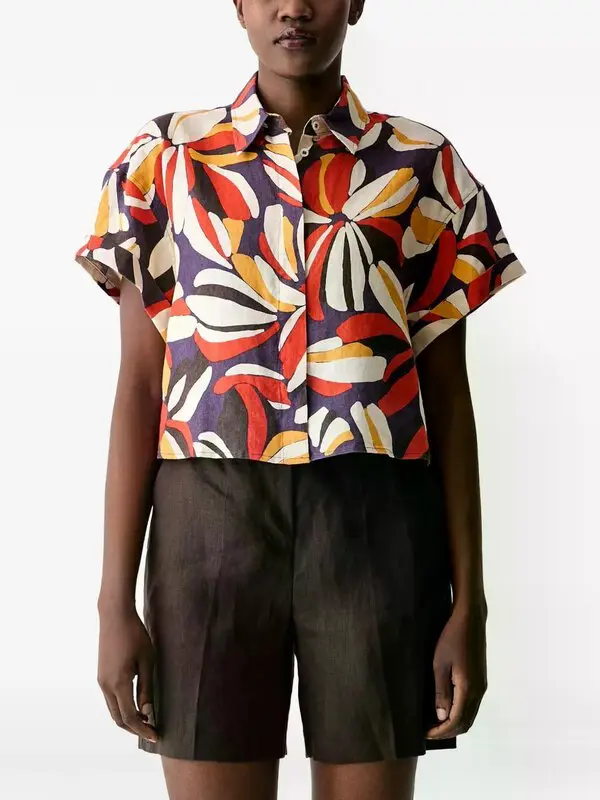BENETTON Floral-print Cropped Short-sleeved Shirt - Purple