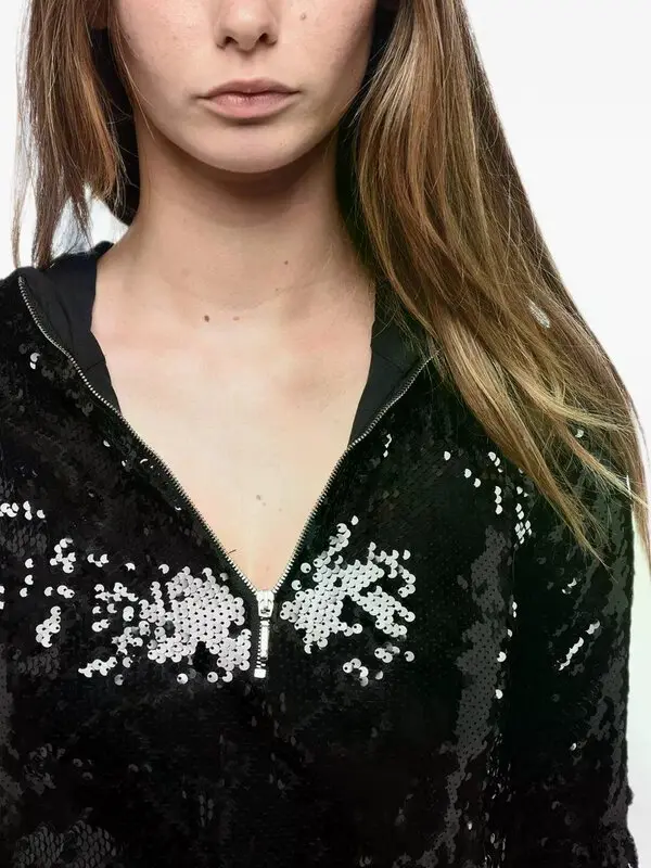 ADRIANA HOT COUTURE Sequined Hooded Bodysuit