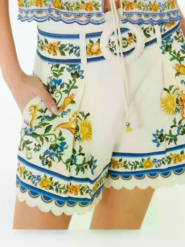 Farm Rio Emily Floral-print Scalloped-edge Shorts - White