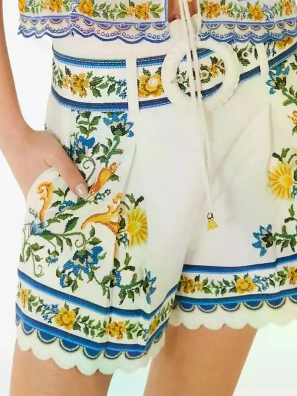 Farm Rio Emily Floral-print Scalloped-edge Shorts - White