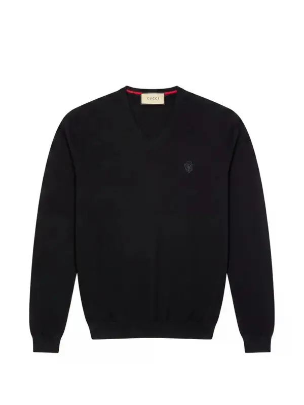 Gucci V-neck Sweater With Embroidered Logo - Black