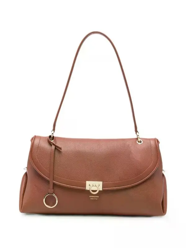 FERRAGAMO Gancini Pebbled Leather Tote Bag - Brown