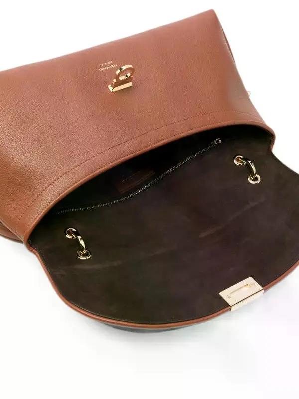 FERRAGAMO Gancini Pebbled Leather Tote Bag - Brown