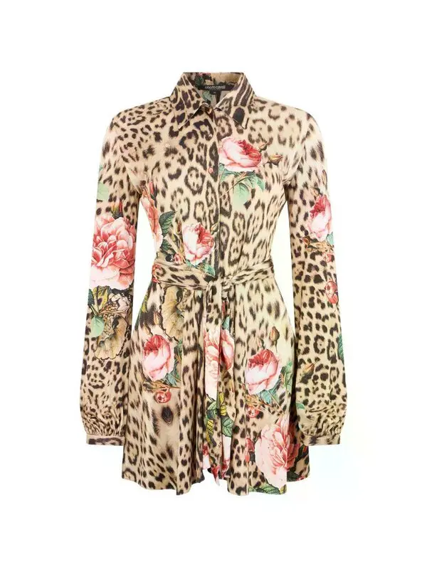 Roberto Cavalli Leopard-print Floral-print Mini Dress - Neutrals