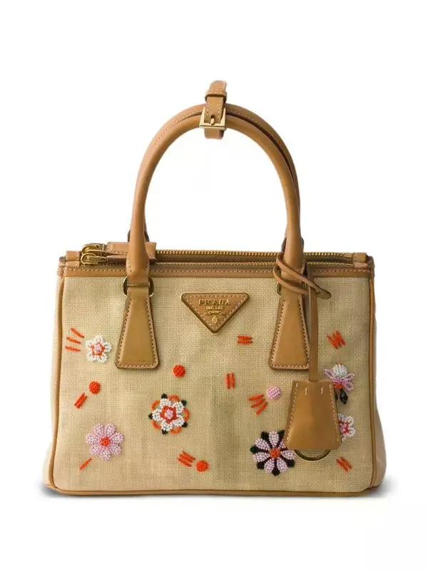 Prada Galleria Small Canvas And Leather Embroidered Bag - Neutrals