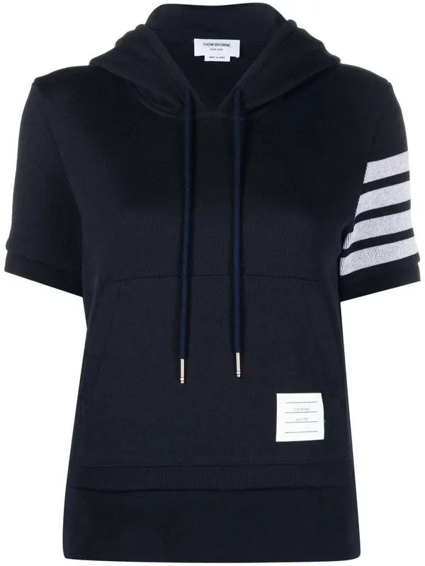 Thom Browne Short-sleeved Drawstring Hoodie With Four-stripe Detail - Navy