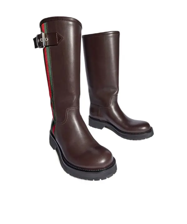 Gucci Biker Boot With Web Detail - Brown