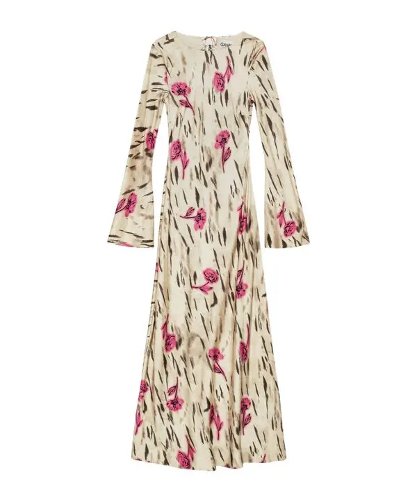GANNI Floral Satin Maxi Dress - Egret