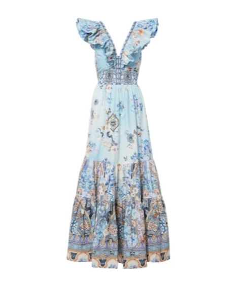 Camilla Shirred Floral Cotton Maxi Dress - Blue