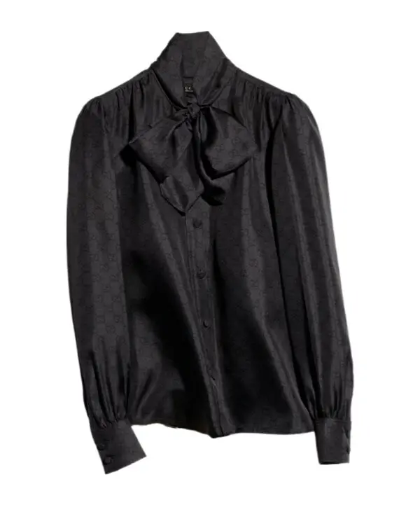 Gucci Printed Silk Twill Shirt With Bow - Black
