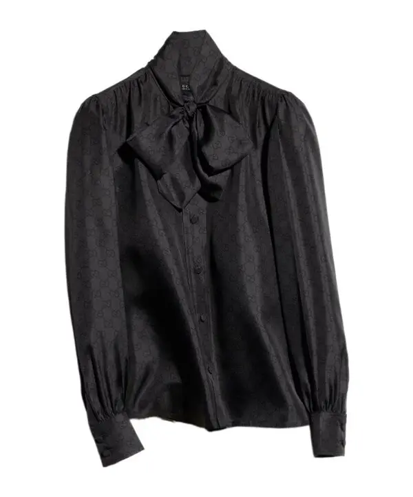 Gucci Printed Silk Twill Shirt With Self-tie Bow - Black